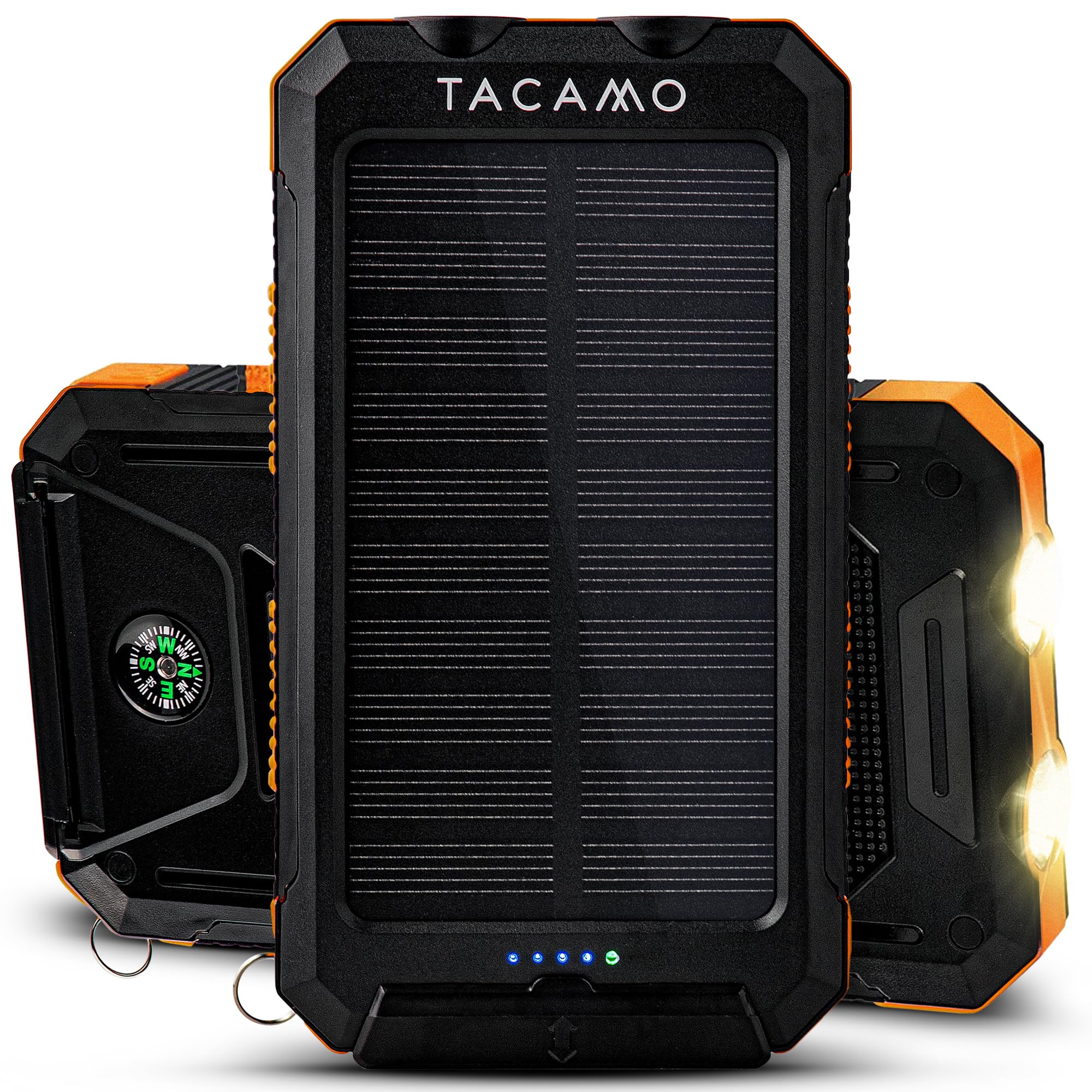 TACAMO® Solar Power Bank Portable Charger - IP67 Waterproof and Dustproof - TSA Compliant - for Backpacking and Camping - Dual USB Port, Fast Charging Battery Pack with 3-Mode Emergency Flashlight