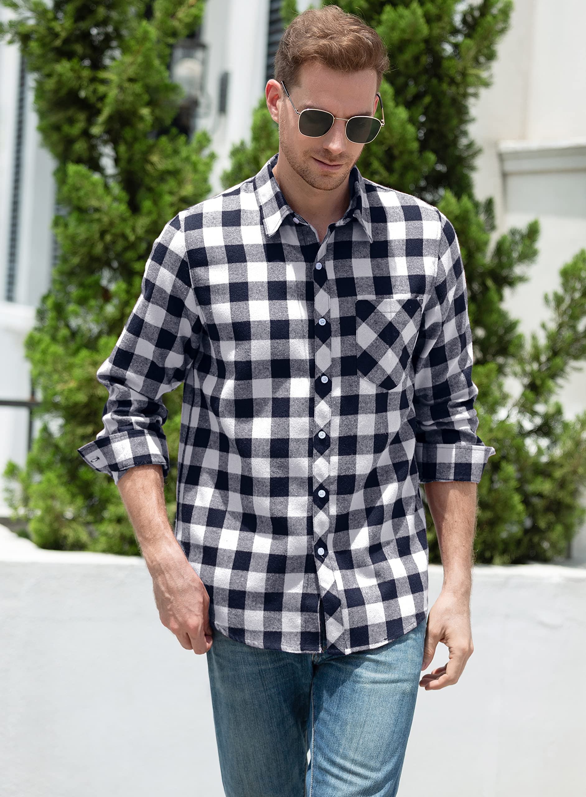 SANGTREE Mens Flannel Plaid Shirts Casual Long Sleeve Button Down Shirt Dad and Son Matching Shirts (Black White, XXL)