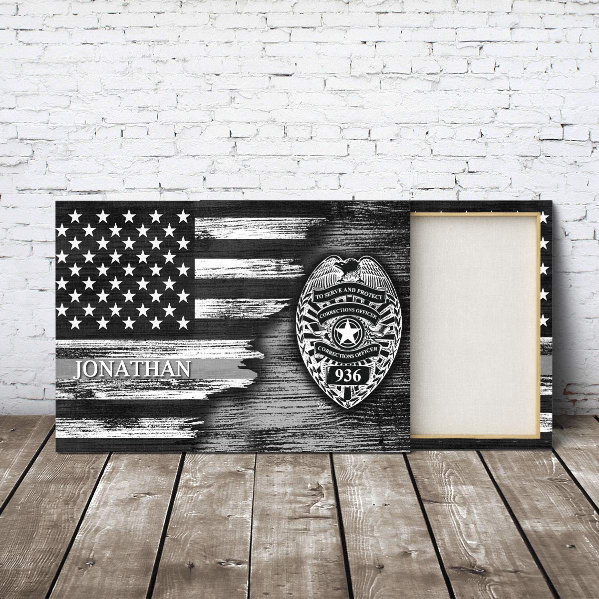 Personalized Custom Name Correctional Badge Number Correction Officer Prayer Thin Silver Grey Gray Line American Flag Canvas Prints Wall Art Hanging Graduation Poster Retired Retirement Home Decor