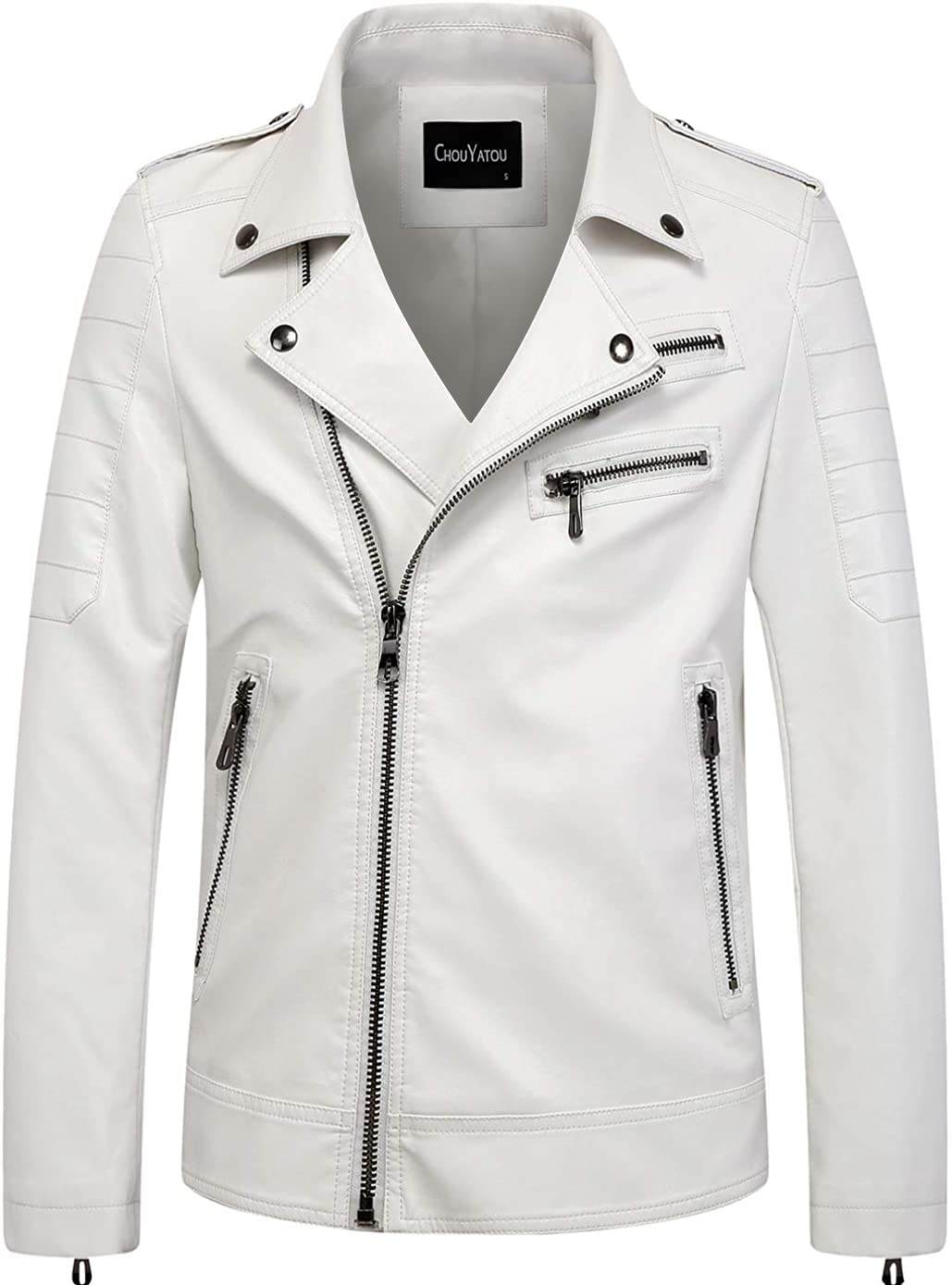 chouyatou Men's Vintage Asymmetric Zip Lightweight Faux Leather Biker Jacket (X-Large, White)