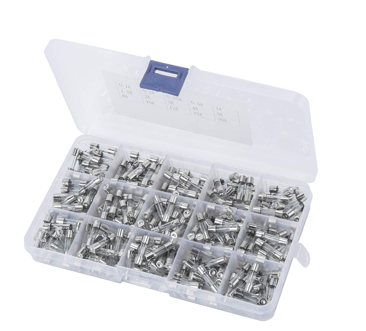 300 Pcs 15 Values 5 x 20mm Fast-Blow Glass Fuse Assortment, 250V 0.1A/ 0.25A/ 0.2A/ 0.5A/ 1A/ 1.5A/ 2A/ 3A/ 4A/ 5A/ 8A/ 10A/ 12A/ 15A/ 20A Tube Fuses