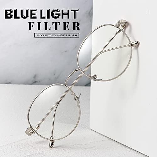 livho Blue Light Blocking Glasses, Retro Round Fake Eyeglasses Frames Anti UV Ray Filter Computer Gaming Glasses Women Men (Silver Frame,Transparent lens)