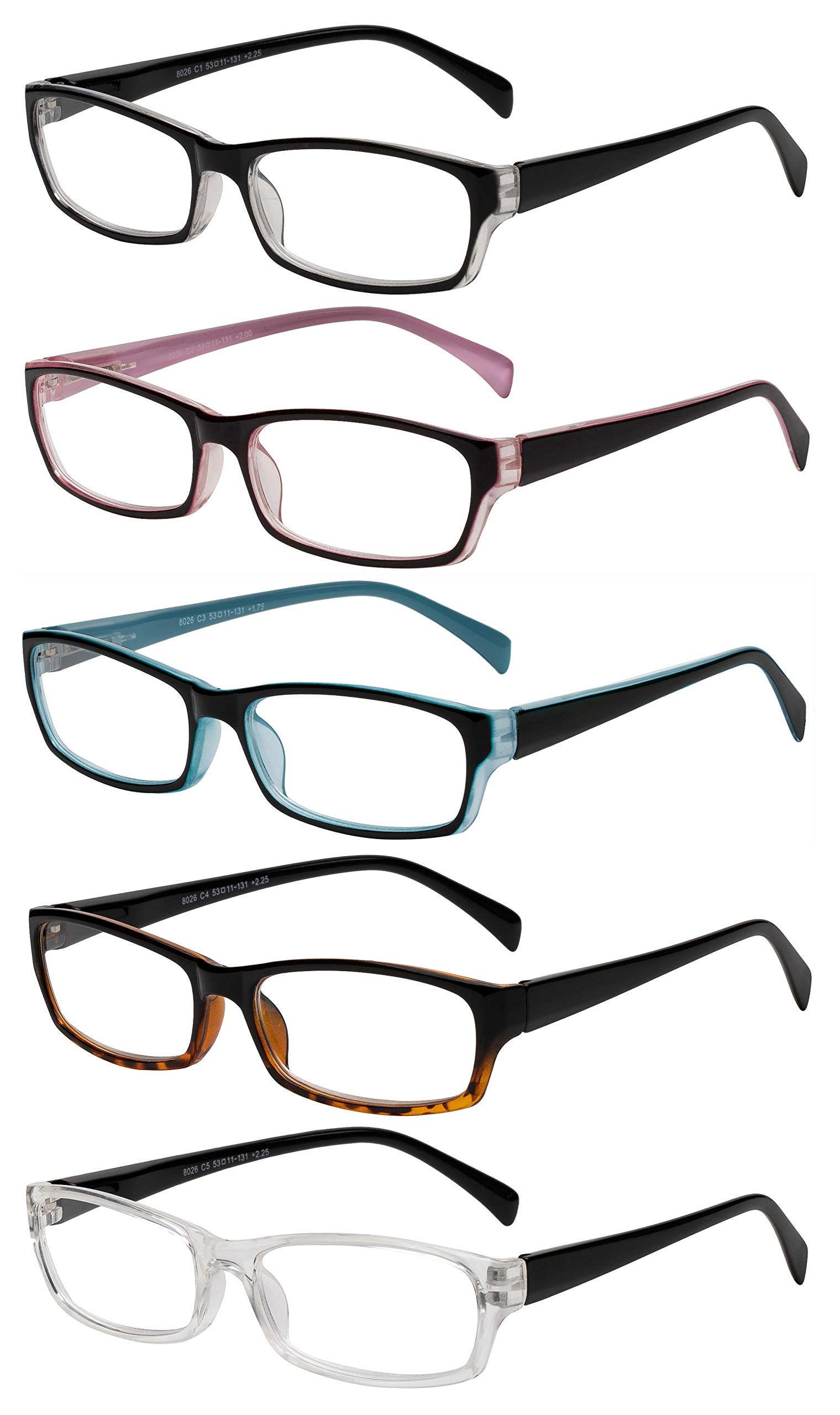 Yogo Vision Reading Glasses 5 Pairs Fashion Ladies Quality Designed Spring Hinge Readers for Women Set of Black Clear, Red Pink, Blue Light Blue, Havana Black, Transparent Black 1.25
