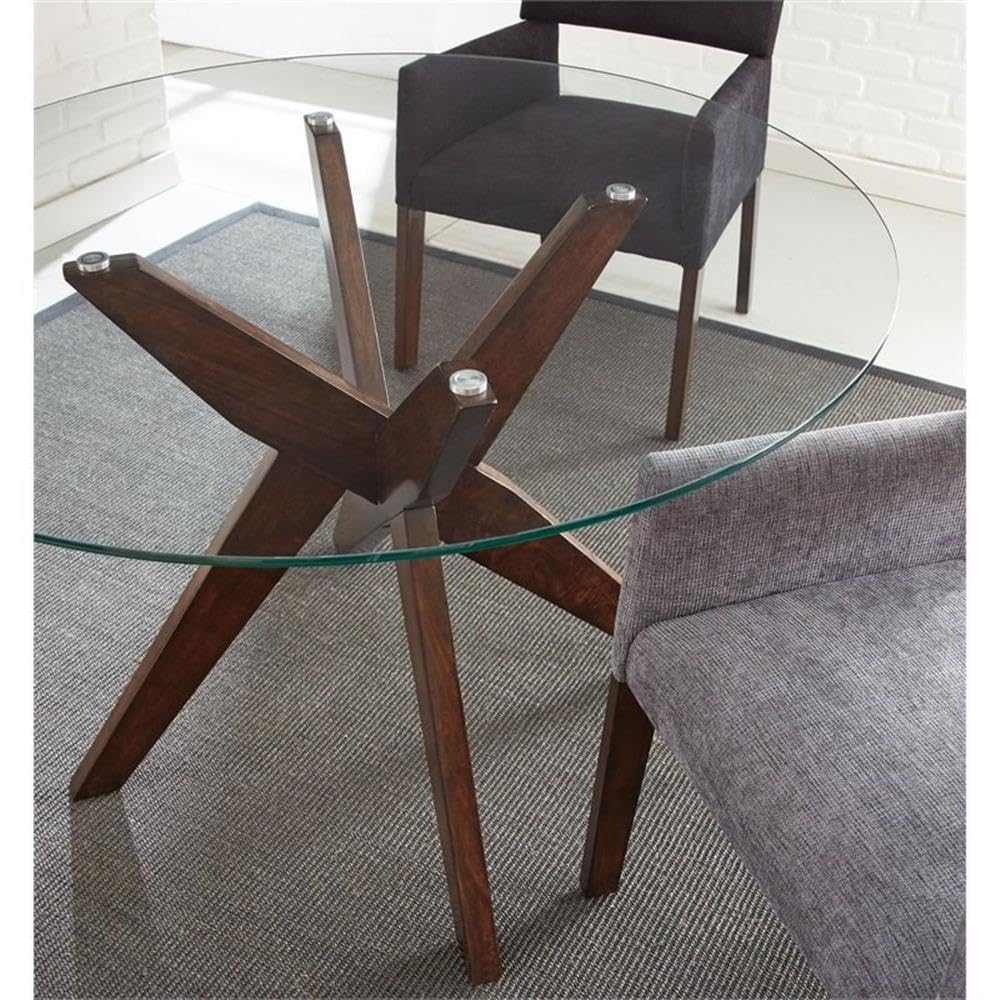 Steve Silver Amalie 48" Round Modern Dining Table with Tempered Glass Top & Solid Rubberwood Base, Architectural Pedesta, Conversational Feel, in Walnut/Clear Finish
