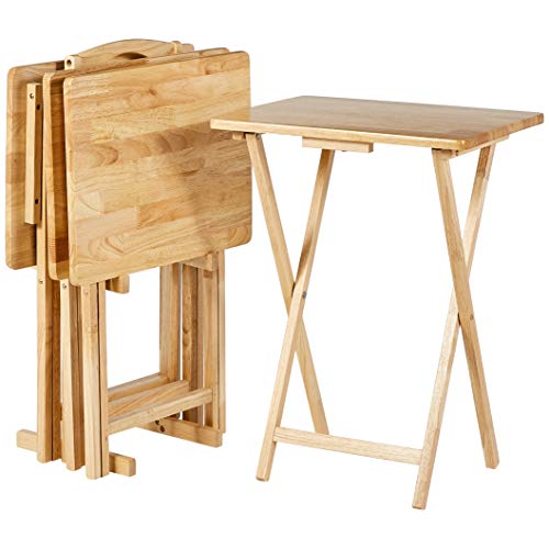 Amazon Basics Classic Portable TV Dinner Rectangular Folding Tray Table with Storage Rack, Natural - Set of 4 Trays, 15"D x 19"W x 26"H