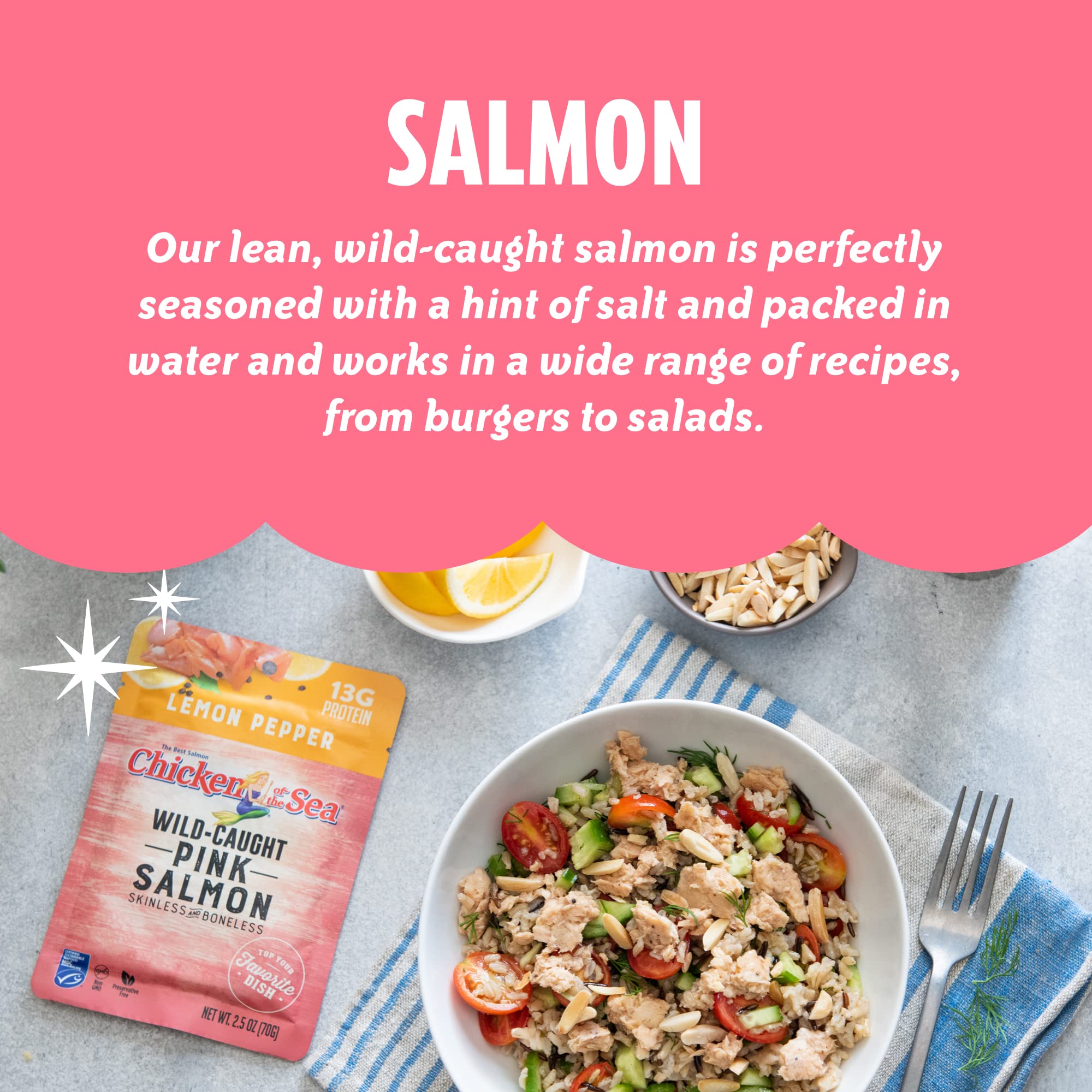 Chicken of the Sea Pink Salmon with Cracked Pepper, Wild-Caught, Skinless & Boneless, 2.5-Ounce Packets (Pack of 12)