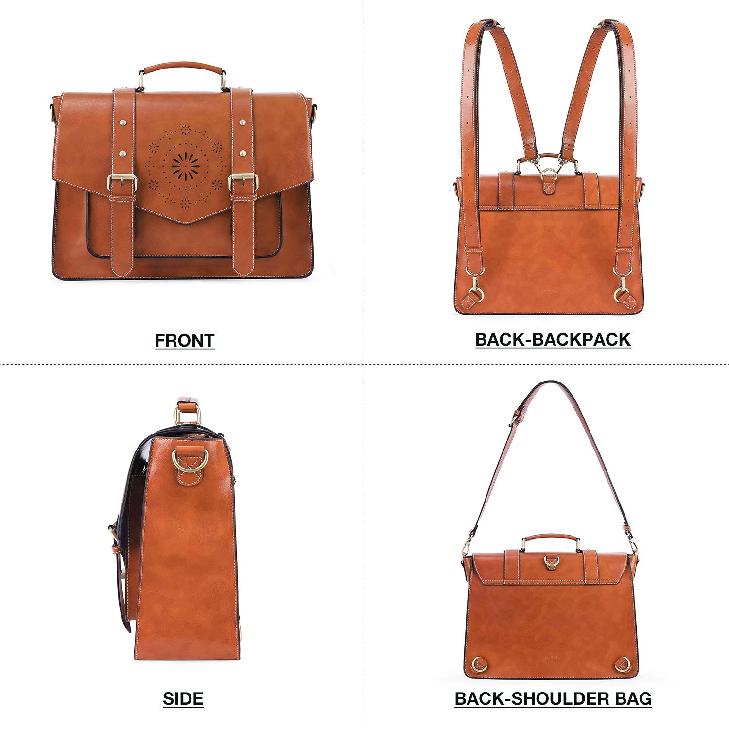 ECOSUSI Backpack for Women Briefcase Messenger Laptop Bag Vegan Leather Satchel Work Bags Fits 15.6 inch Laptops, Brown