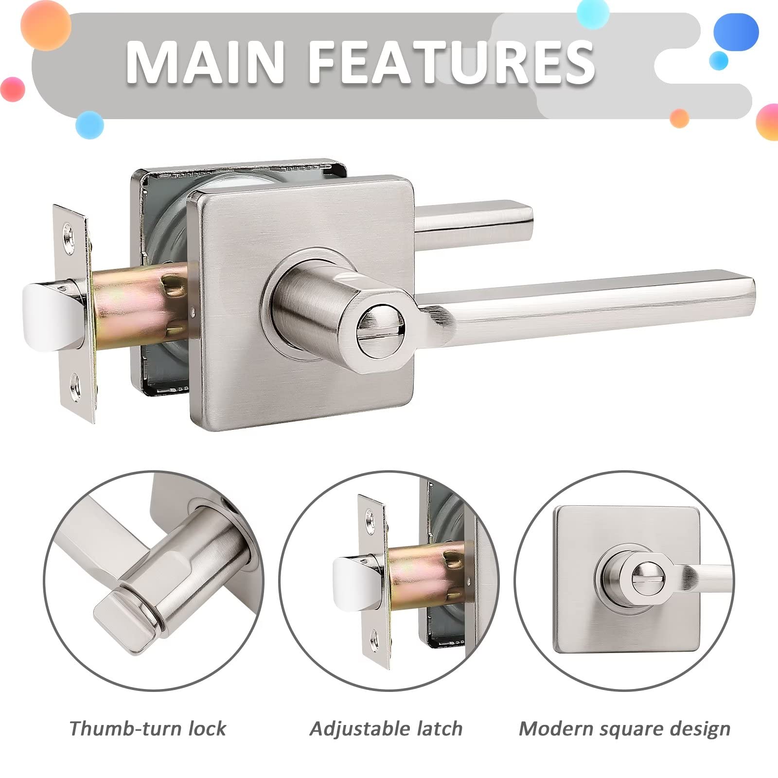 Probrico (5 Pack Square Door Lever Interior Bedroom or Bathroom Lever Door Handle, Privacy Door Lever in Satin Nickel,with Locking Keyless Lever for Right & Left Sided Doors Heavy Duty