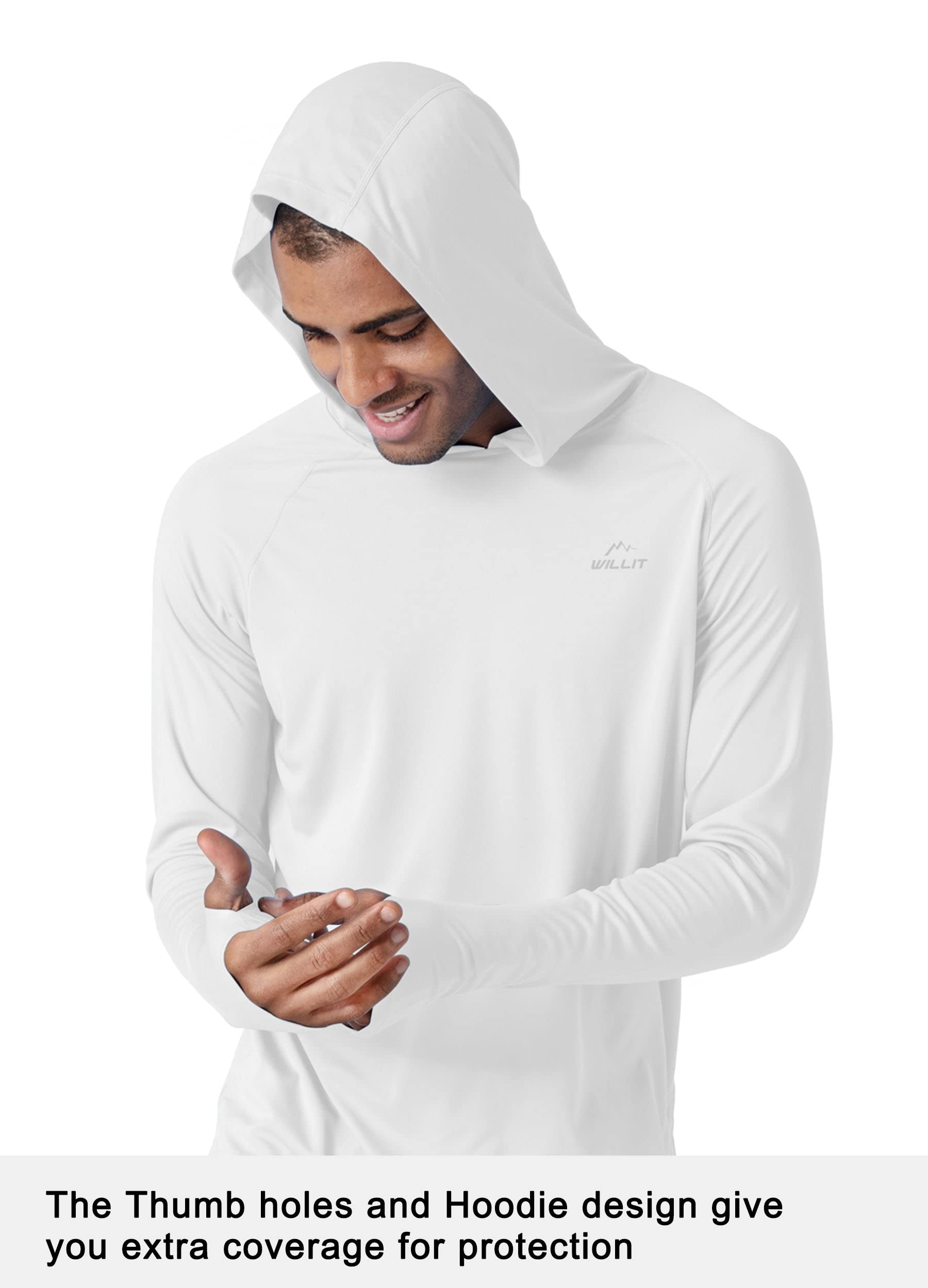 Willit Men's Sun Shirts UPF 50+ Rash Guard Long Sleeve Sun Protection Hoodie SPF UV Fishing Lightweight Athletic Running White M