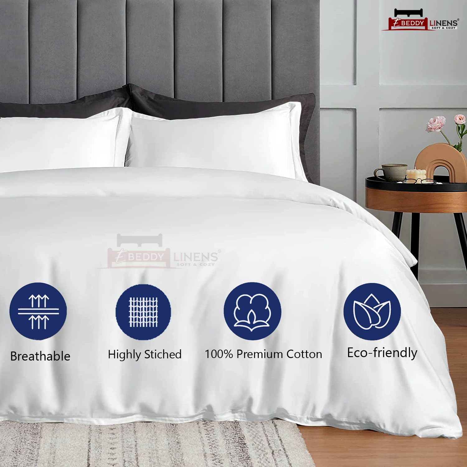 eBeddy Linens White Solid Duvet Cover Set Super King 98x108 Size Egyptian Cotton Luxury Soft & Breathable Comforter Cover with Hidden Zipper Closer & Corner Ties Durable and Fade Resistant