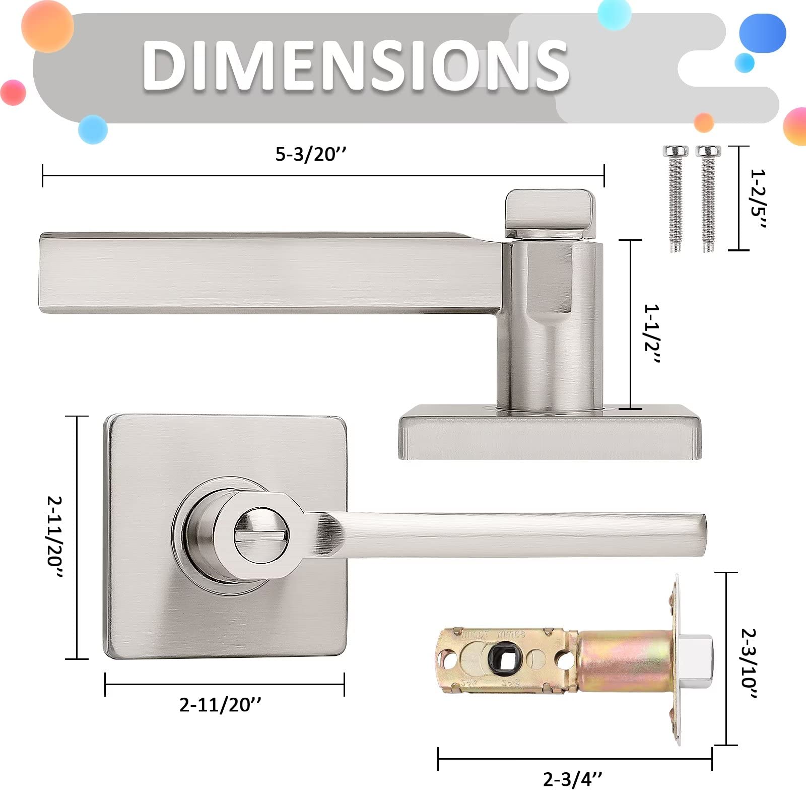 Probrico (5 Pack Square Door Lever Interior Bedroom or Bathroom Lever Door Handle, Privacy Door Lever in Satin Nickel,with Locking Keyless Lever for Right & Left Sided Doors Heavy Duty
