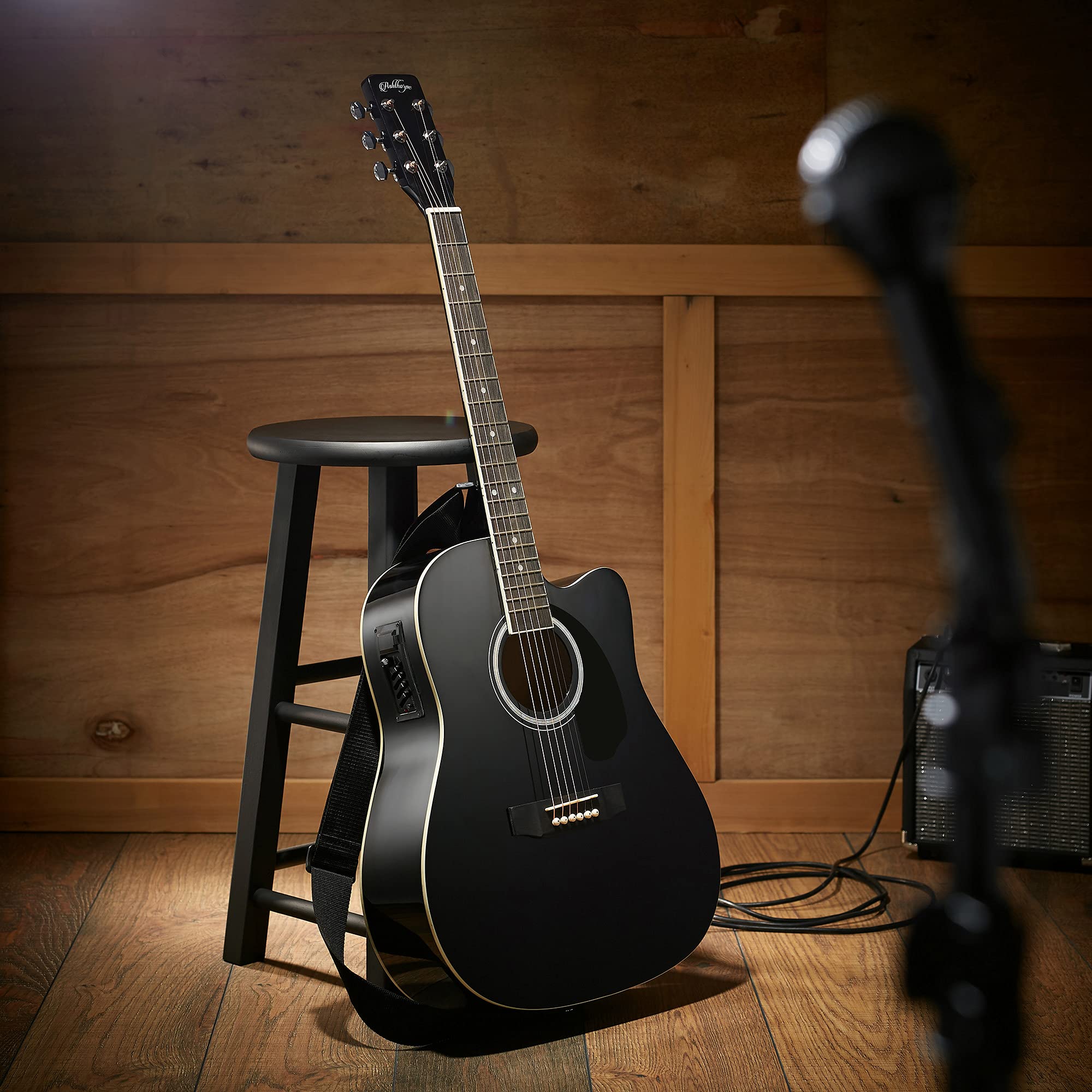 Ashthorpe Full-Size Dreadnought Cutaway Acoustic-Electric Guitar Bundle - Premium Tonewoods - Black