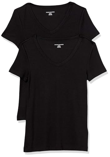 Amazon Essentials Women's Slim-Fit Short-Sleeve V-Neck T-Shirt, Pack of 2, Black, X-Large