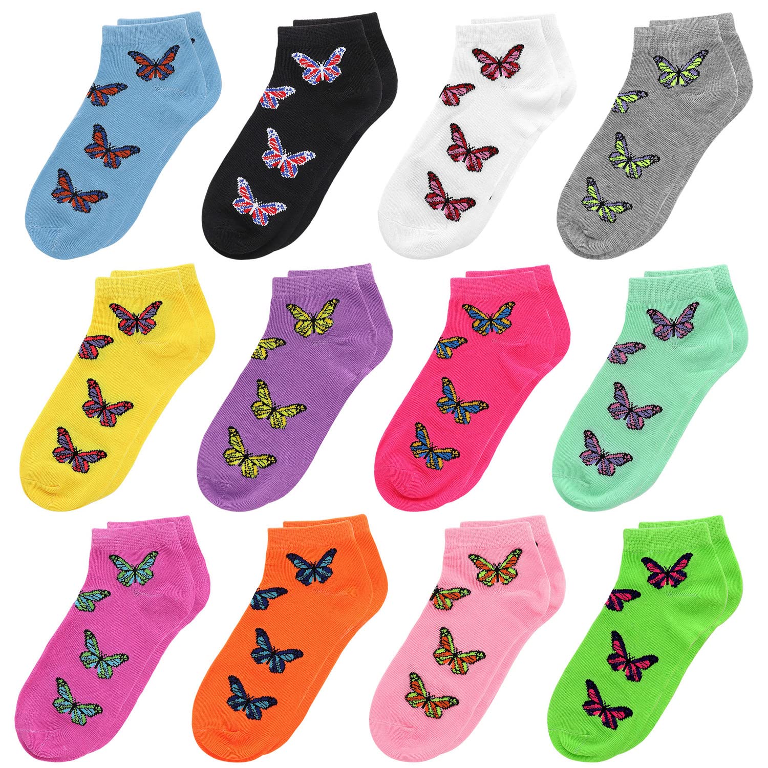 Falari 12 Pairs Women Novelty Ankle Socks Colorful ComfortSoft Lightweight Sports Athletic Socks (Butterfly)