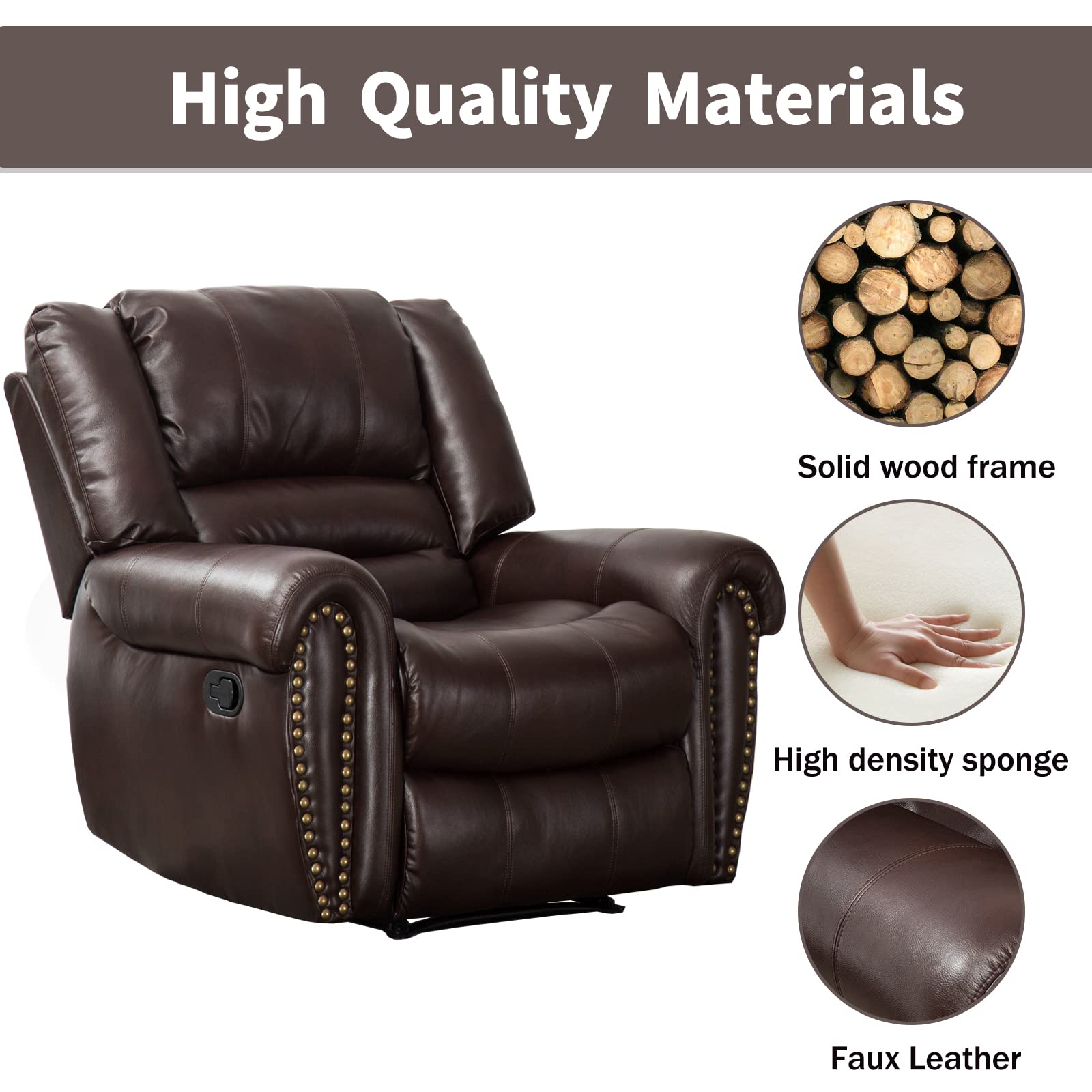 CANMOV Leather Recliner Chair, Classic and Traditional Manual Recliner Chair with Comfortable Arms and Back Single Sofa for Living Room, Brown