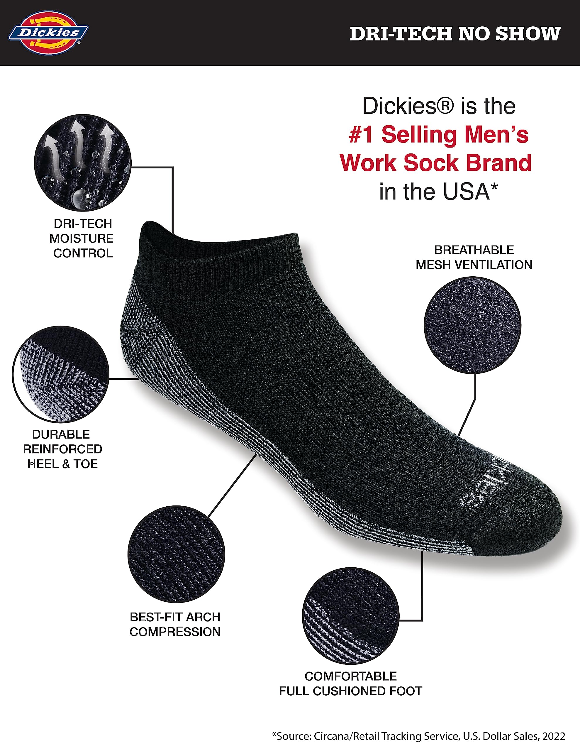 Dickies Men's Dri-Tech Moisture Control No Show Socks, Available in M-XXL (6, 12, Black (6 Pairs), Large
