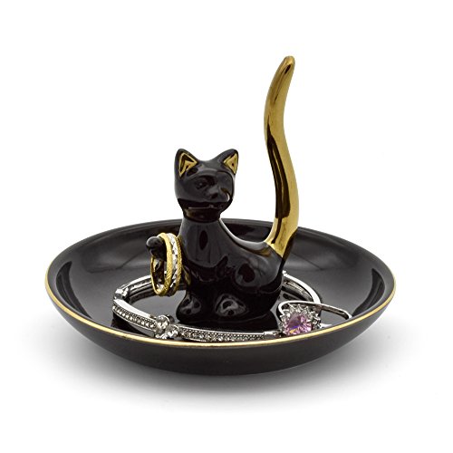 Exembe Happy Cat Posture Trinket Tray Decorative Ring Holder Jewelry Storage Dish Black/Golden Tail
