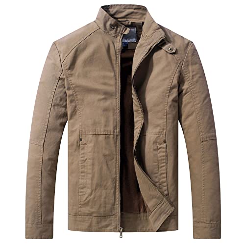 WenVen Men's Light Cotton Outwear Windbreaker Classic Military Jacket (Khaki, L)