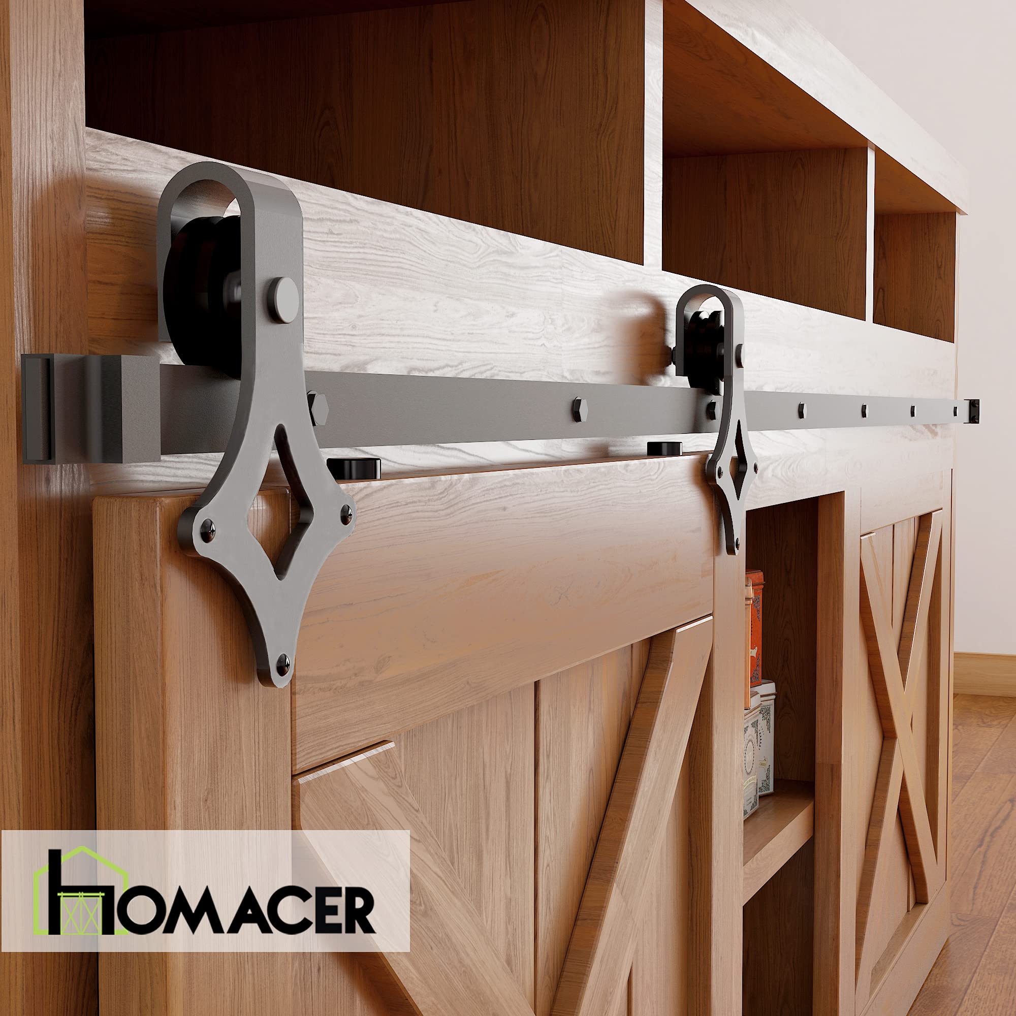 Homacer Mini Black Rustic Non-Bypass Sliding Barn Door Hardware Kit, for One/Single Door, 48-inch Long Flat Track, Diamond Design Roller, Cabinet TV Stand Console Use…