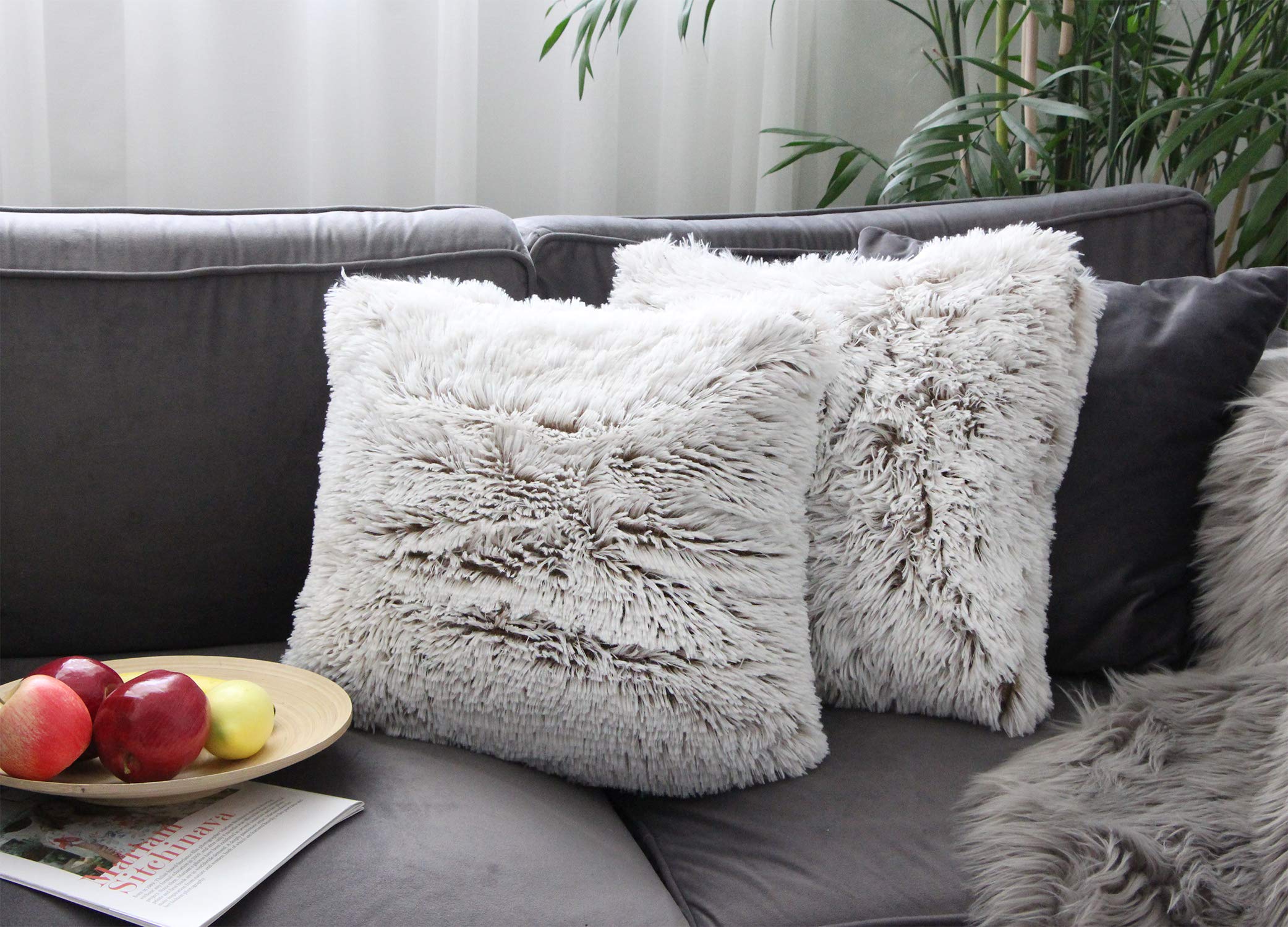 Uhomy 2 Packs Full Home Decorative Fluffy Plush Pillow Covers 18"x18", Luxury Fuzzy Artificial Fur Throw Pillow Case Double Side Fluffy Cushion Cover for Sofa Bed Couch Brown Khaki Ombre 45x45 cm