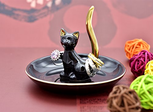 Exembe Happy Cat Posture Trinket Tray Decorative Ring Holder Jewelry Storage Dish Black/Golden Tail