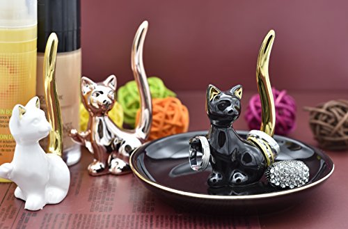 Exembe Happy Cat Posture Trinket Tray Decorative Ring Holder Jewelry Storage Dish Black/Golden Tail