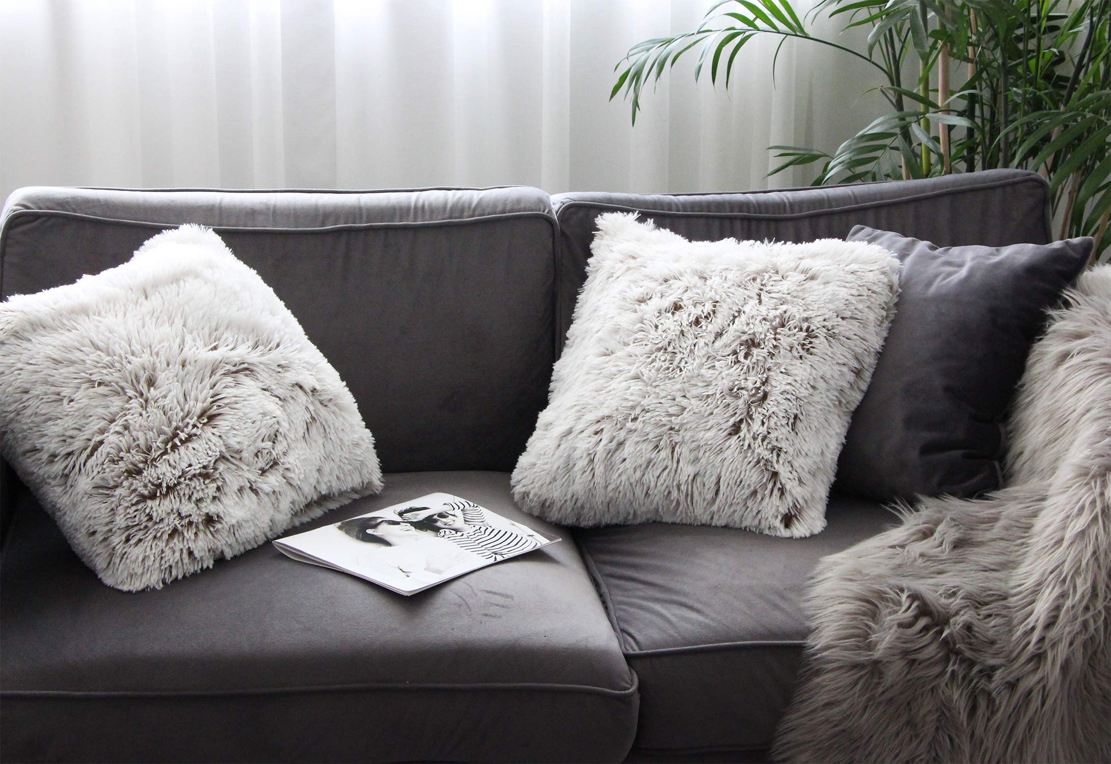 Uhomy 2 Packs Full Home Decorative Fluffy Plush Pillow Covers 18"x18", Luxury Fuzzy Artificial Fur Throw Pillow Case Double Side Fluffy Cushion Cover for Sofa Bed Couch Brown Khaki Ombre 45x45 cm
