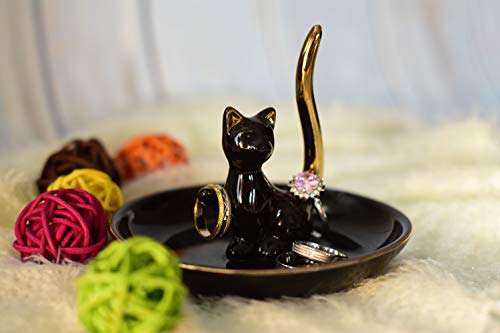 Exembe Happy Cat Posture Trinket Tray Decorative Ring Holder Jewelry Storage Dish Black/Golden Tail