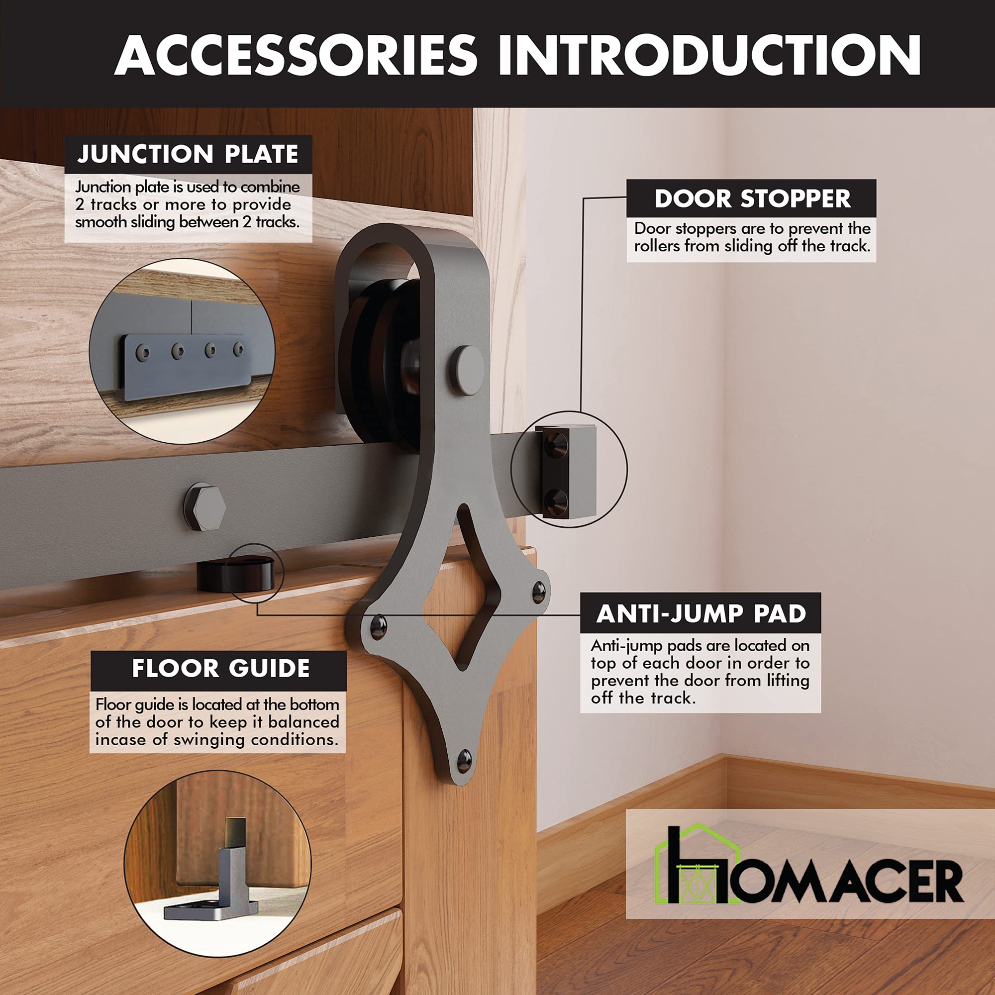Homacer Mini Black Rustic Non-Bypass Sliding Barn Door Hardware Kit, for One/Single Door, 48-inch Long Flat Track, Diamond Design Roller, Cabinet TV Stand Console Use…