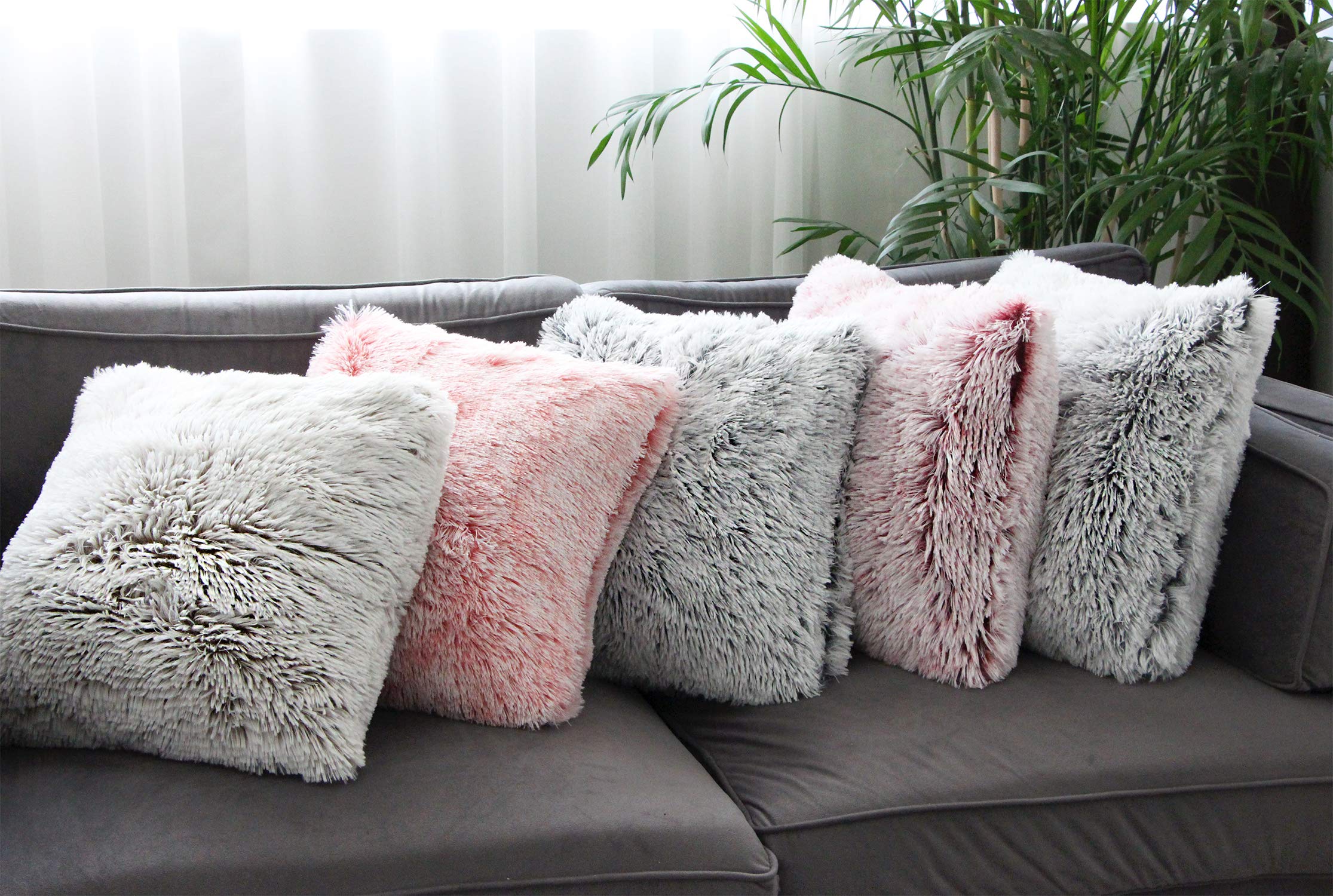Uhomy 2 Packs Full Home Decorative Fluffy Plush Pillow Covers 18"x18", Luxury Fuzzy Artificial Fur Throw Pillow Case Double Side Fluffy Cushion Cover for Sofa Bed Couch Brown Khaki Ombre 45x45 cm