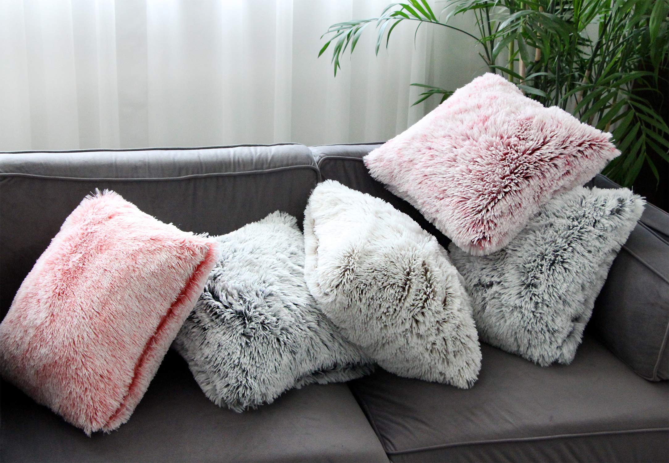 Uhomy 2 Packs Full Home Decorative Fluffy Plush Pillow Covers 18"x18", Luxury Fuzzy Artificial Fur Throw Pillow Case Double Side Fluffy Cushion Cover for Sofa Bed Couch Brown Khaki Ombre 45x45 cm
