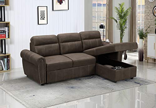 Lilola Home Ashton 96" W Saddle Brown Microfiber Reversible Sleeper Sectional Sofa Chaise