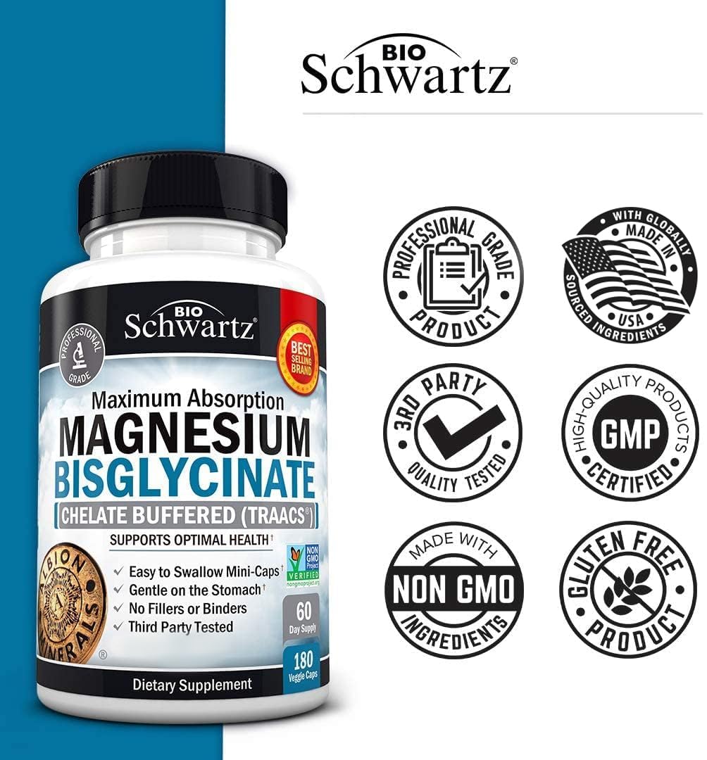 Magnesium Bisglycinate Chelated Supplement - High Absorption Magnesium Supplement for Muscle, Bone & Joint Support - Non-GMO, Non-Laxative, Fully Buffered for Maximum Bioavailability - 180 Capsules