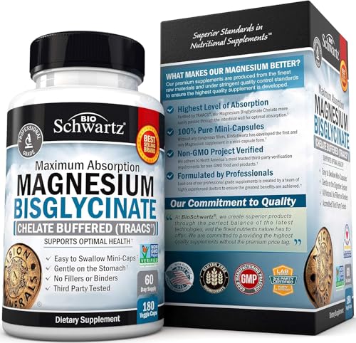 Magnesium Bisglycinate Chelated Supplement - High Absorption Magnesium Supplement for Muscle, Bone & Joint Support - Non-GMO, Non-Laxative, Fully Buffered for Maximum Bioavailability - 180 Capsules