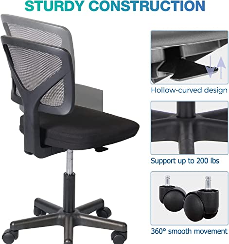 Ergonomic Home Office Desk Chair, Adjustable Armless Computer Chair with Lumbar Support, Small Mesh Task Chair with Backrest Swivel Rolling for Study, Office, Conference Room
