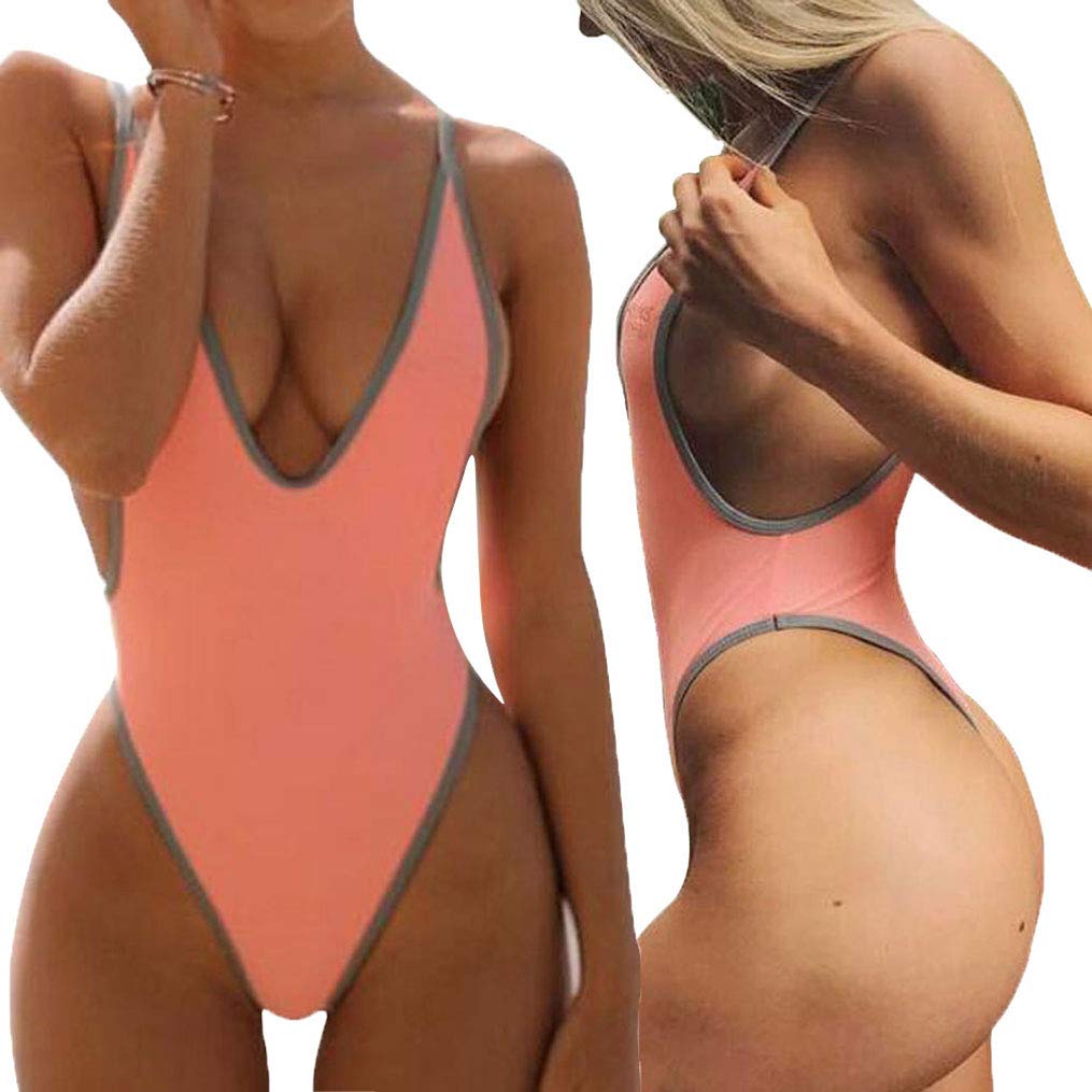 ALLureLove Swimsuits for Women Sexy Monokini Deep V One Piece Bathing Suits Backless Cheeky Swimwear Semi Thong Bikini (A-Pink, Medium)