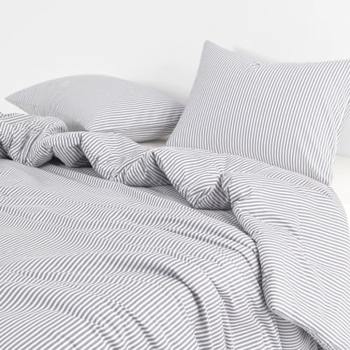 Wake In Cloud - Striped Comforter Set, 100% Cotton Fabric, Ticking Stripe Vertical Pinstripe Neutral Farmhouse Aesthetic, 3 Pieces Bedding Set, Gray, Queen Size