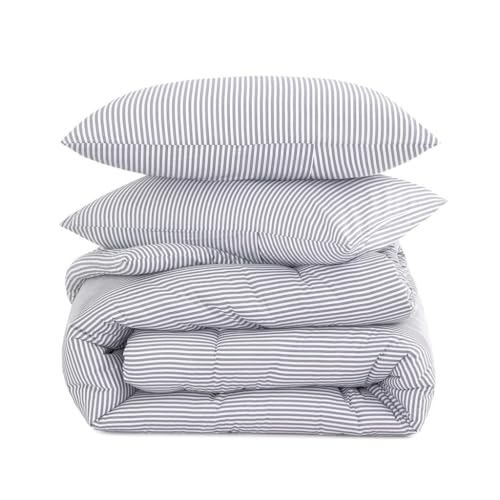 Wake In Cloud - Striped Comforter Set, 100% Cotton Fabric, Ticking Stripe Vertical Pinstripe Neutral Farmhouse Aesthetic, 3 Pieces Bedding Set, Gray, Queen Size