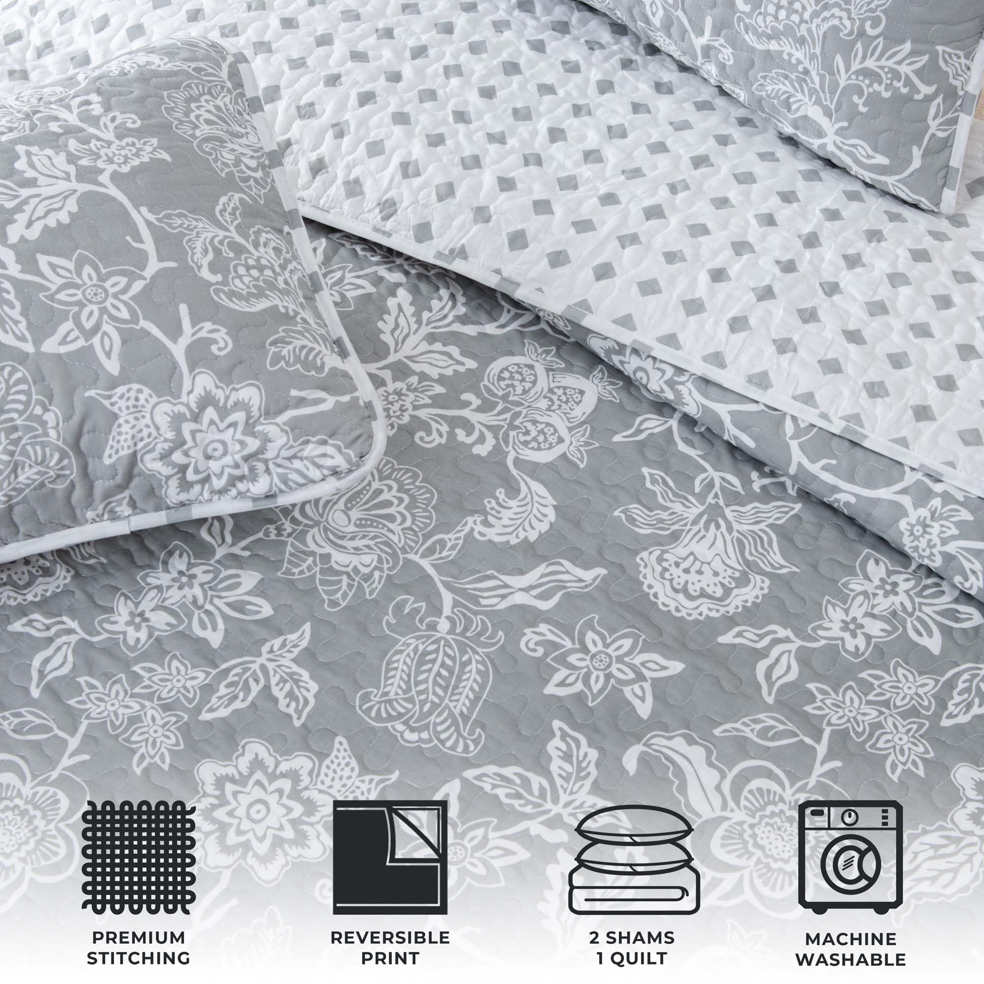 Great Bay Home Floral King Quilt Set with Shams, Delicate Floral Grey Bedding Set, All-Season, Lightweight Bedspread. Reversible, Farmhouse Bedding. (King, Emma)