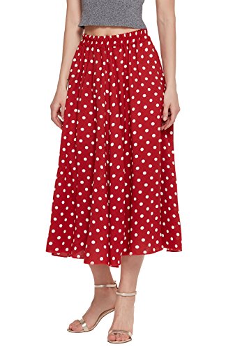 CHARTOU Women's Casual Contrast Polka Dot Chiffon Bohemia Swing Beach Midi A-Line Skirts (Small, Red)