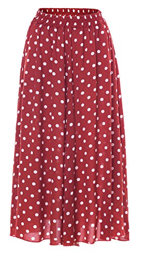 CHARTOU Women's Casual Contrast Polka Dot Chiffon Bohemia Swing Beach Midi A-Line Skirts (Small, Red)