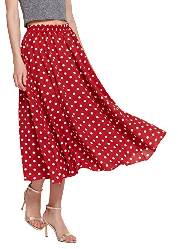 CHARTOU Women's Casual Contrast Polka Dot Chiffon Bohemia Swing Beach Midi A-Line Skirts (Small, Red)