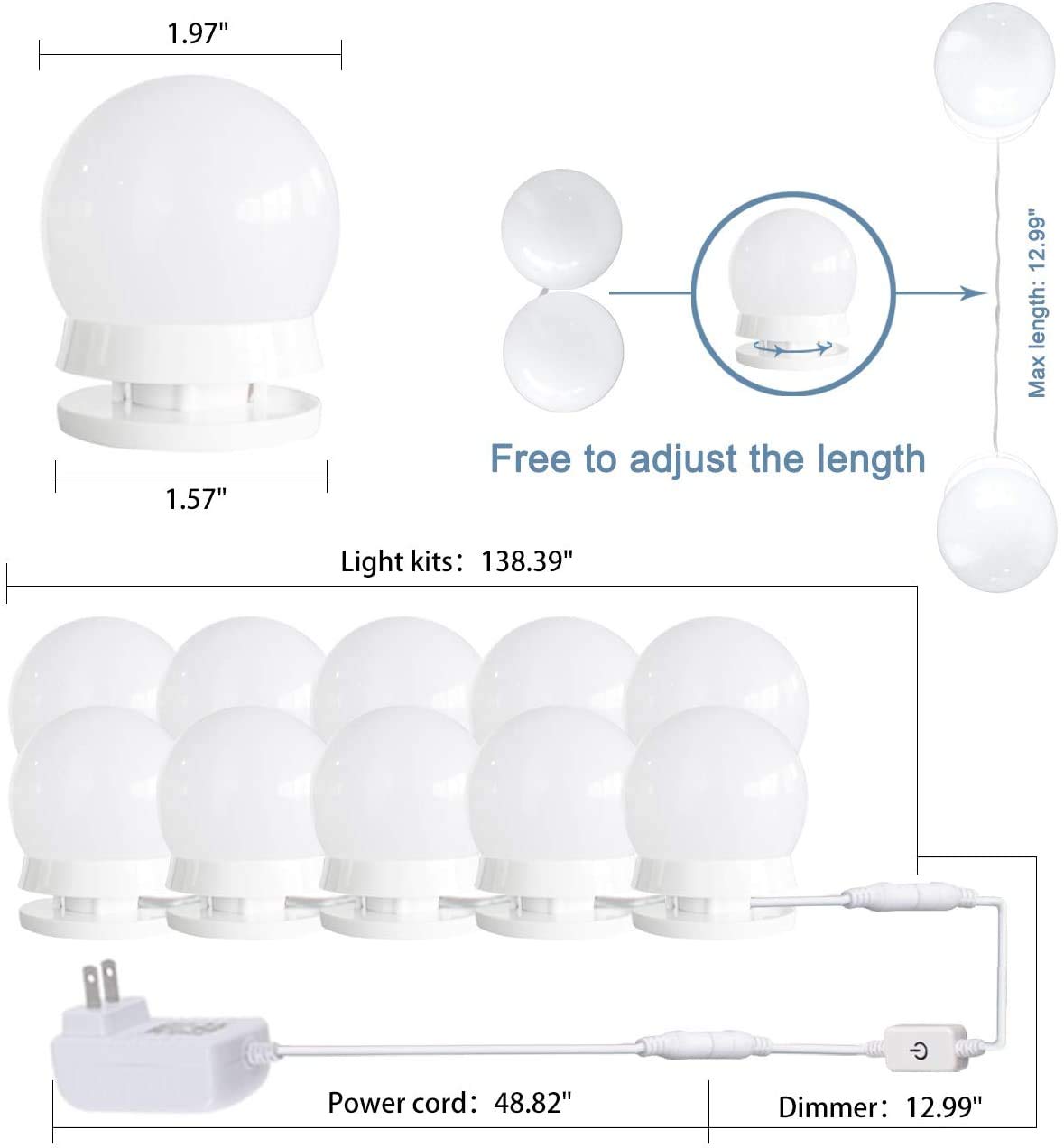 Chende LED Vanity Light for Mirror, Hollywood Style Makeup Lights with Dimmer and 12V Adapter, Stick on Vanity Mirror, (Mirror Not Included)