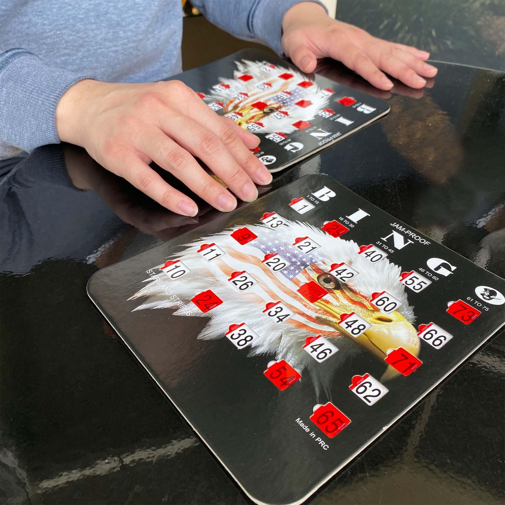 MR CHIPS Jam-Proof Fingertip Bingo Cards with Sliding Windows 100 Pack in Stars & Stripes Design