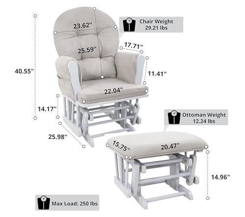 Brisbane Nursery Glider & Ottoman Sets, Glider Recliner Nursery Rocking Chair, Nursery Glider Rocker with Ottoman, Reclining Gliders & Chairs for Breastfeeding, Maternity, Napping - Light Gray