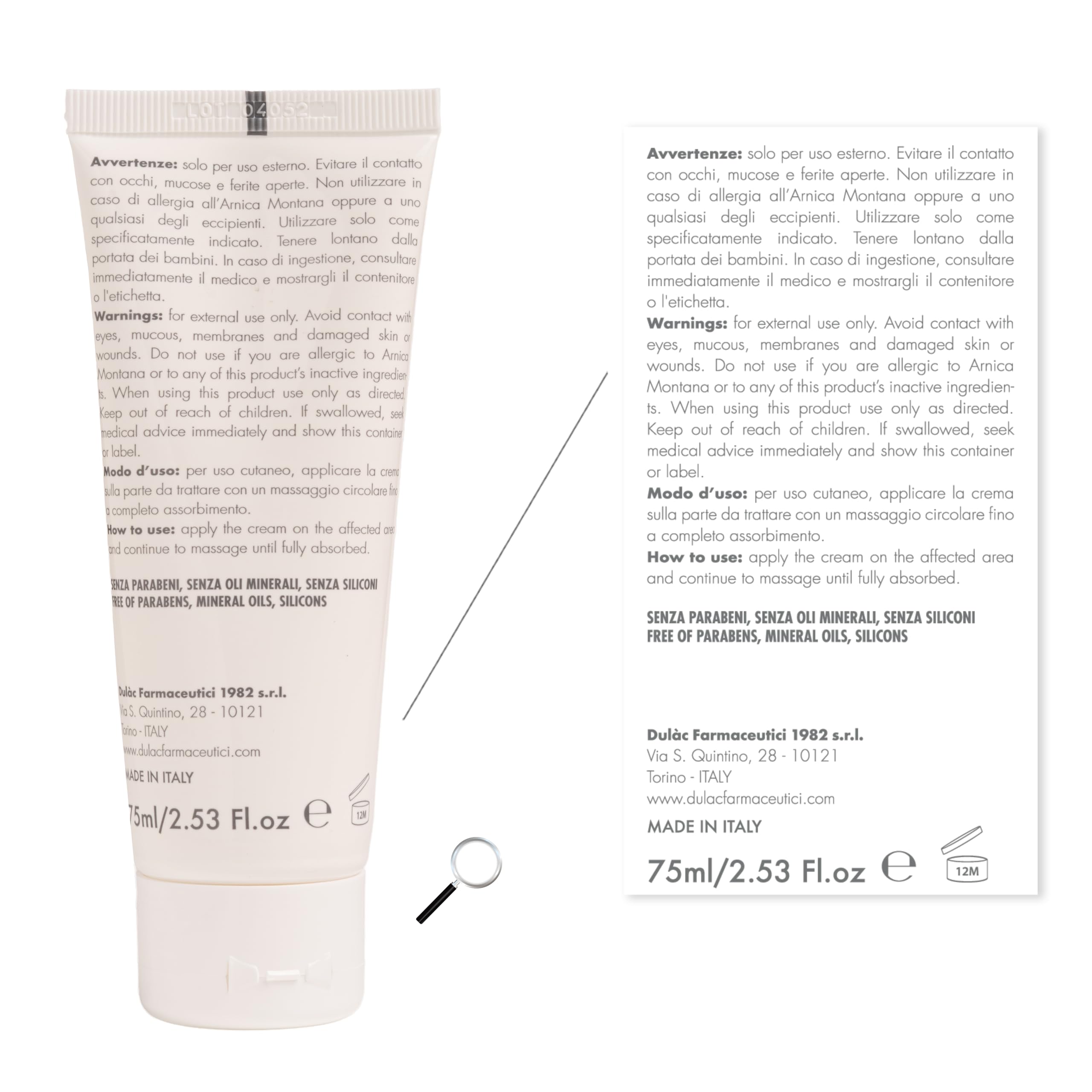 Dulàc - Arnica Cream 2.53 Fl Oz Rich in Organic Arnica Montana Extracts, Arnica Bruise Cream Extra Strength Also Ideal for Muscle and Joint Relief, Swelling and Edema