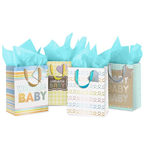YE GIVING Baby Gift Bags With Tissue, 8"x4"x10" 4 Pack. 4 Designs. Gift Bag Set for New Baby, Includes Tissue Paper And Tags.