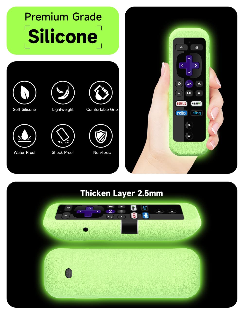 Roku Gaming Remote Case SIKAI Shockproof Protective Case for Roku 3 (4230 and 4200) Roku 2 (4210) RC54R Enhanced Remote Anti-Slip Washable Dust-Proof Anti-Lost with Hand Strap (Glow in Dark Green)