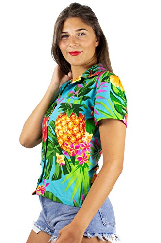 KING KAMEHA Women's Summer-Party-Blouses-Shirts Short-Sleeve, Pineapple, Turquoise, XS