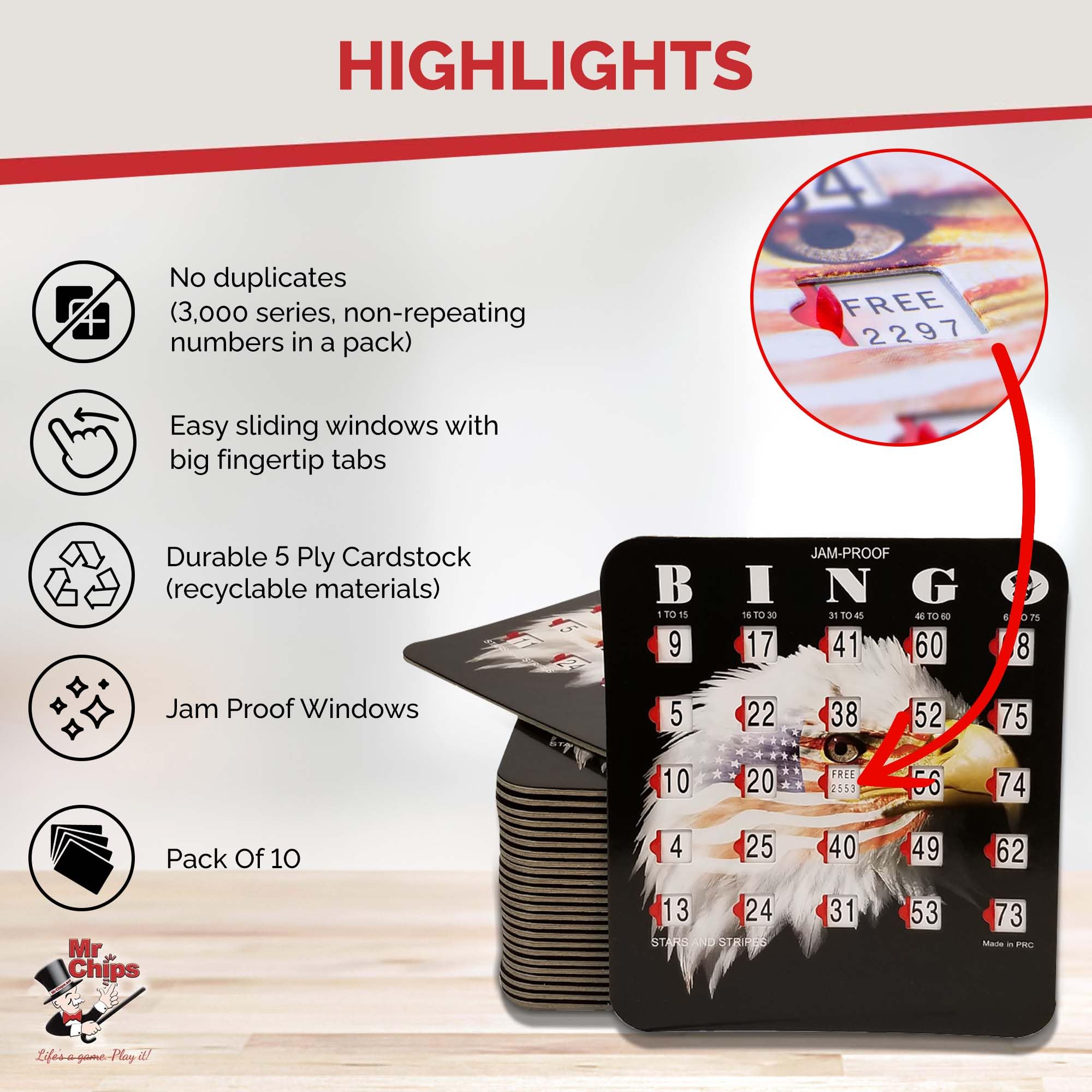MR CHIPS Jam-Proof Fingertip Bingo Cards with Sliding Windows 10 Pack in Stars & Stripes Design